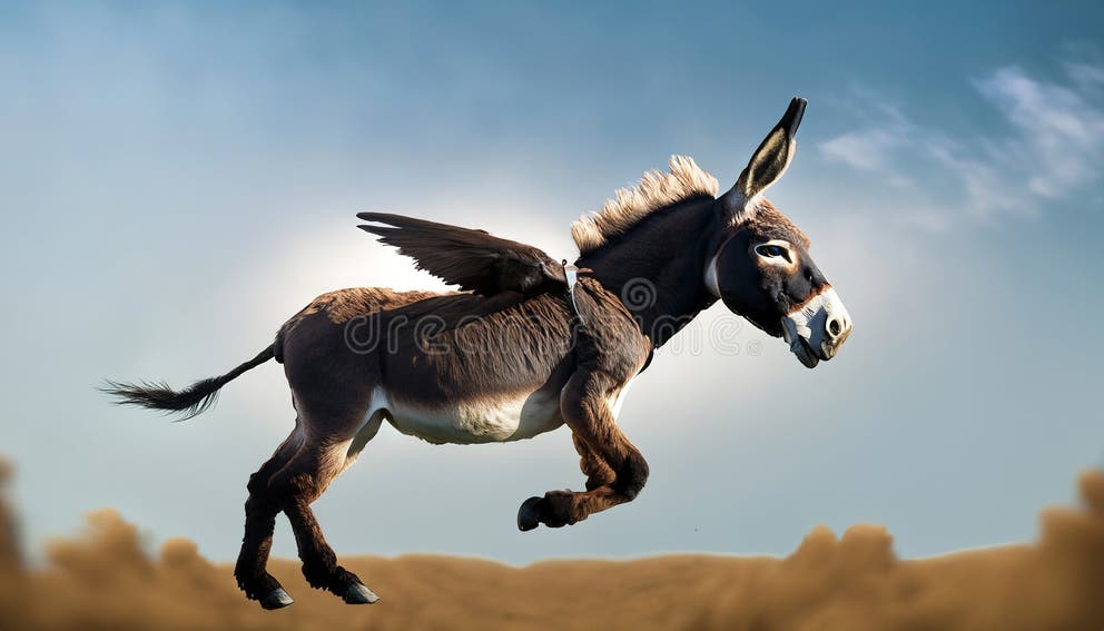 Donkey with Wings Flying between Clouds. Winged Donkey Stock ...