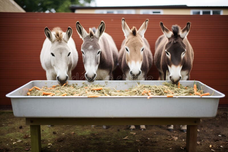 Donkeys Eating Oats Out of a Stable Trough Stock Photo - Image of ...