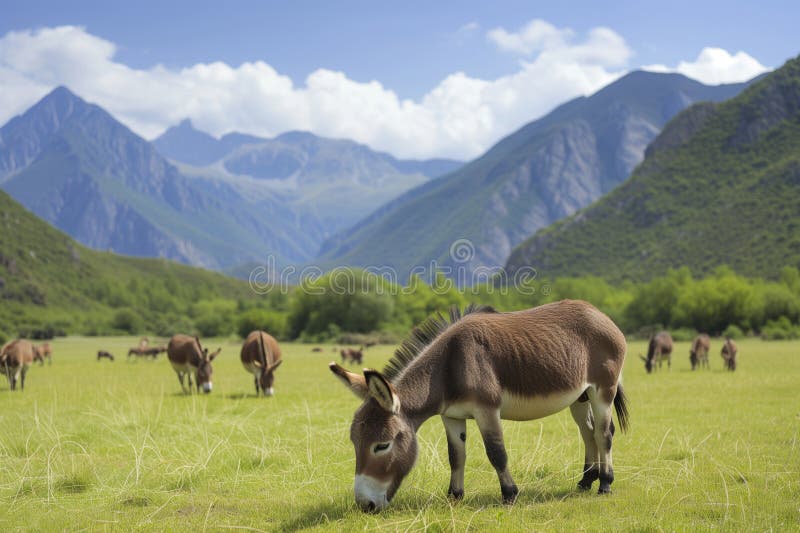 Donkeys Grazing in a Meadow with Mountains Backdrop Stock Photo - Image ...