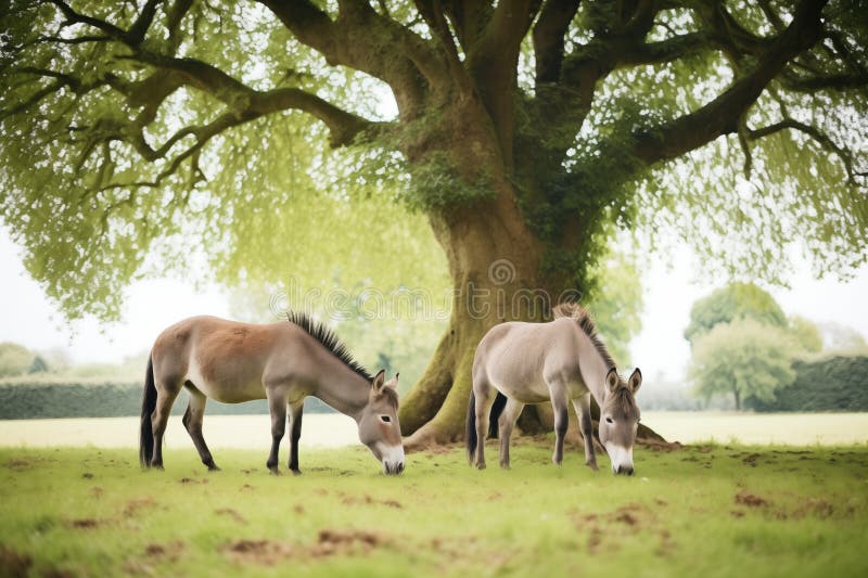 Donkeys Grazing Quietly with a Large Sycamore Tree Backdrop Stock Photo ...