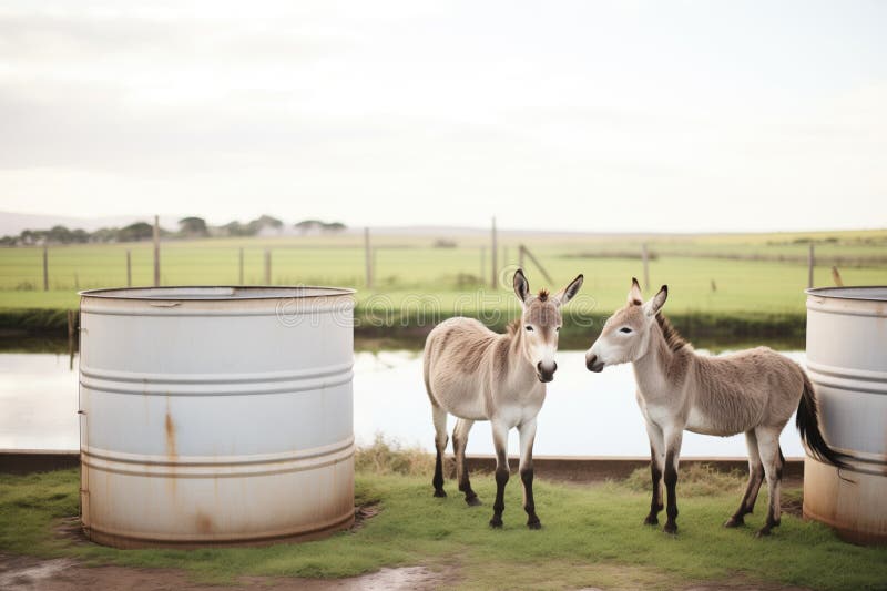 Donkeys by a Water Tank in Pasture Stock Image - Image of generated ...