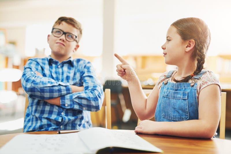 Dont Be so Grumpy. Two Young Children Working on Schoolwork Together ...