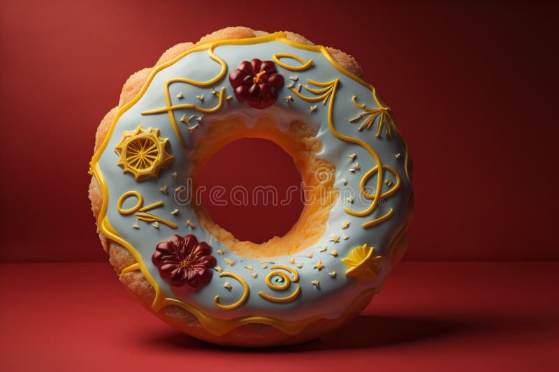 Donut with Blue Icing on Red Background. Generative Ai Stock ...