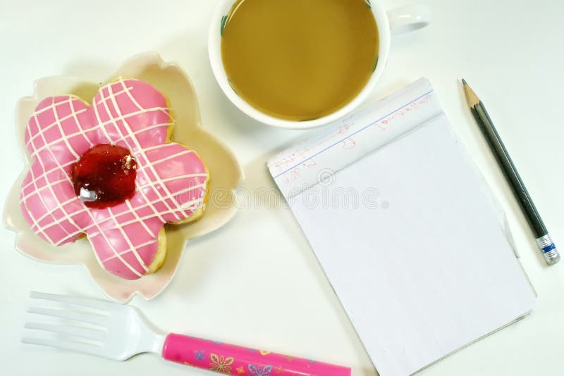 Yummy Donut, Lovely Notepad and Coffee Stock Image - Image of fork ...