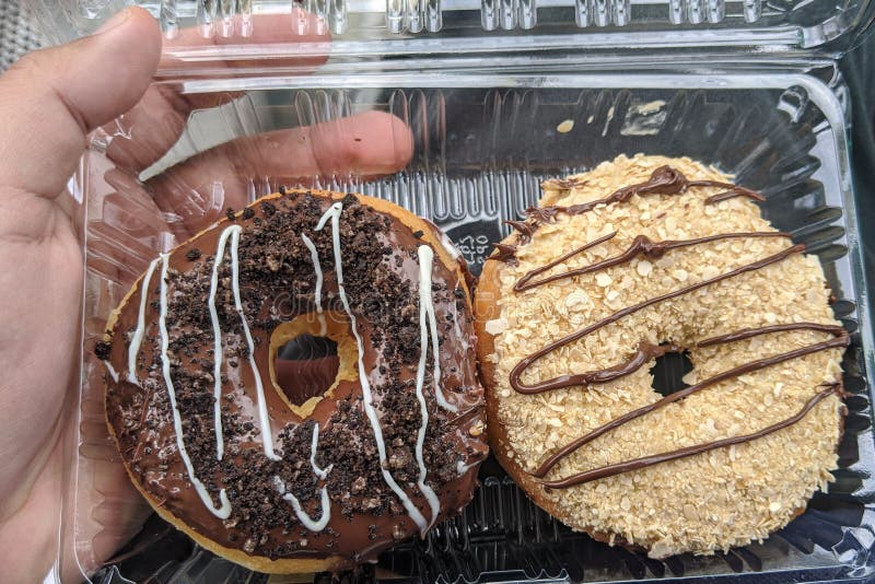 Donut or Doughnut, Chocolate Donut and Caramel Donut in the Box Stock ...