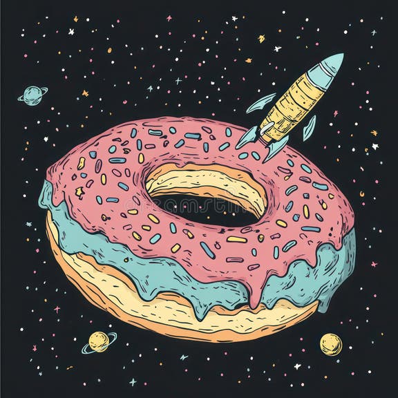 A Donut Planet with Candy Ring Orbits and Rocket Sprinkles, Hand-drawn ...