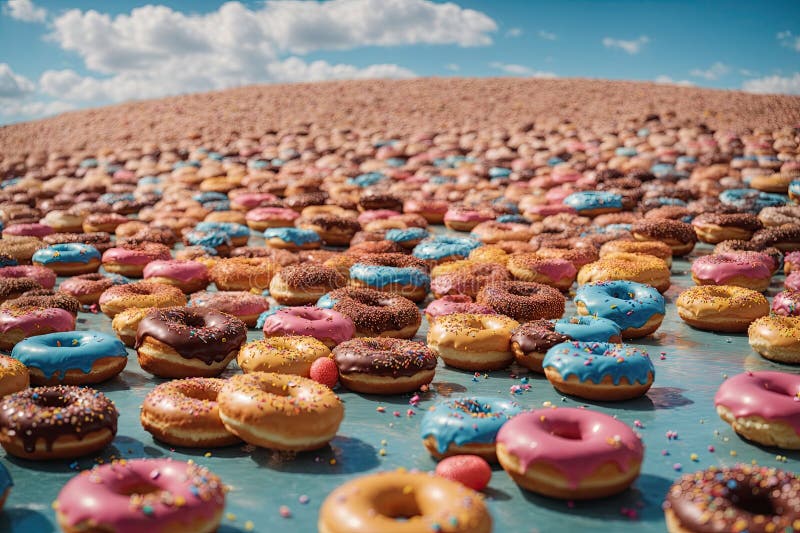 Donut Rain with Blue Sky and Colorful Donuts Up View. Ai Generative ...