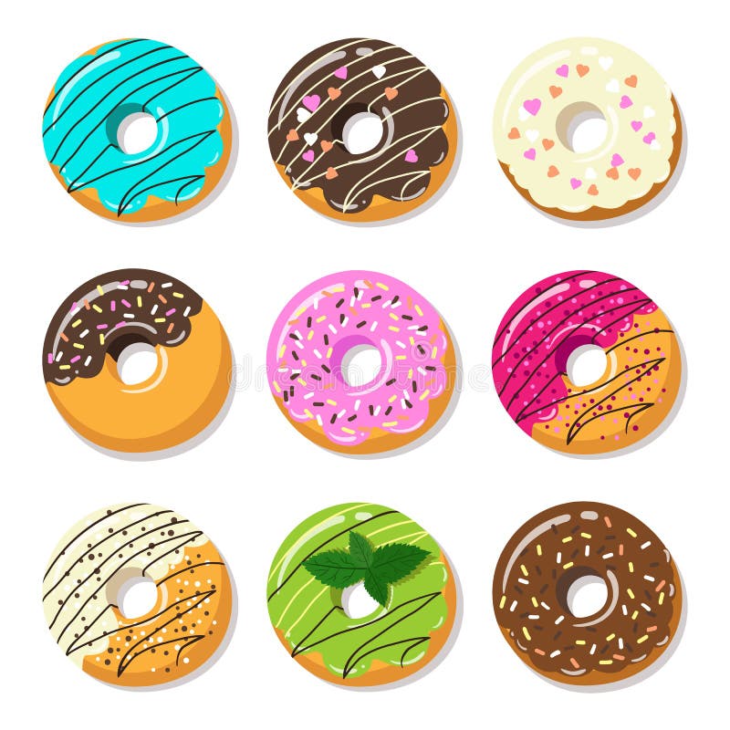 Donut Vector Illustration. Sweet Sugar Icing Donuts. Top View of ...