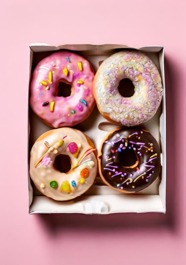 Donuts in a Box on a Pink Background, Top View. Stock Illustration ...