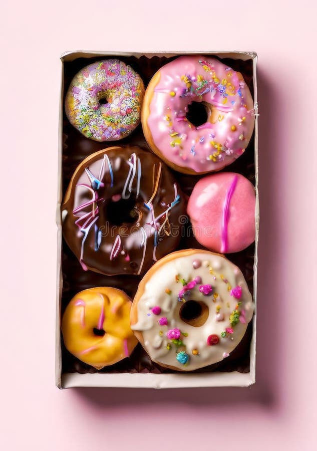 Donuts in a Box on a Pink Background, Top View. Stock Illustration ...