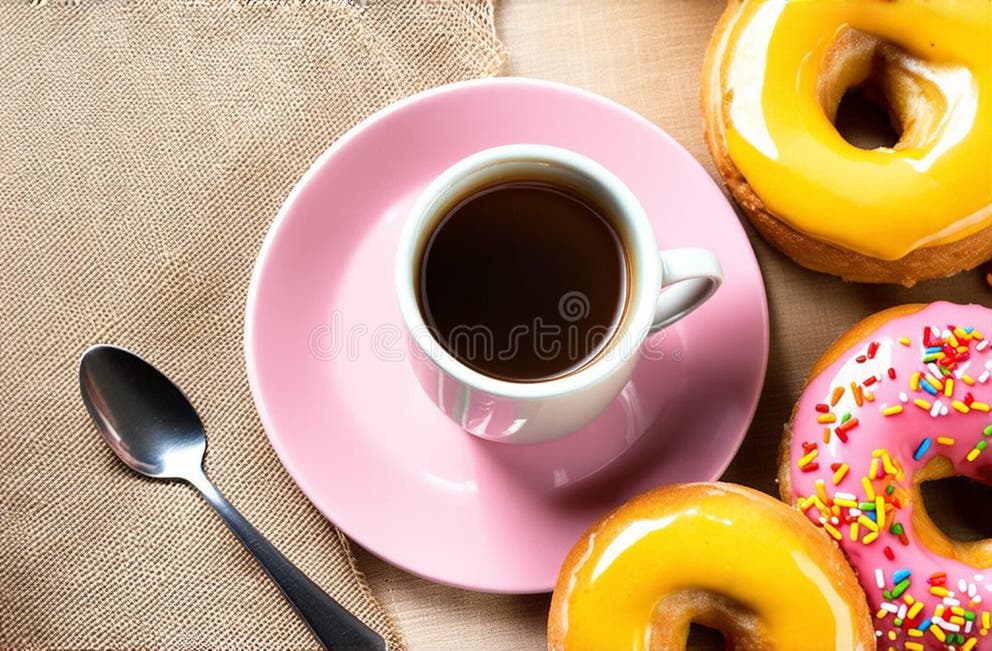 Donuts with Coffee View from Above. Upper Angle of a Drink with Dessert ...