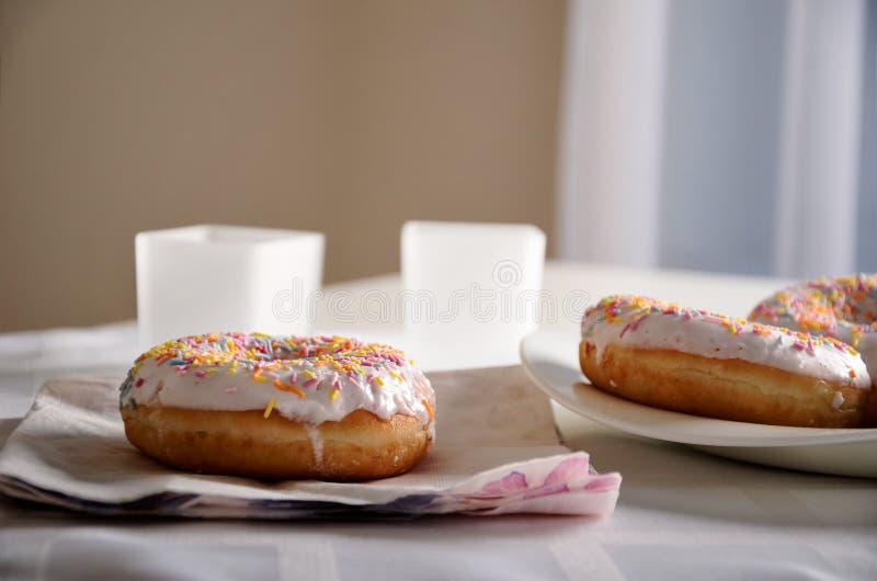 Donuts and Dishes on the Table. Horizontal Stock Photo - Image of donut ...
