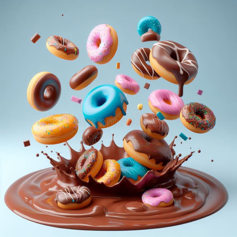 Donuts falling in chocolat stock image. Image of sweetness - 292685019