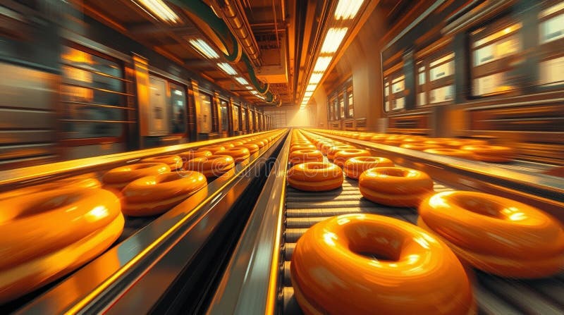 Donuts Moving Along a Conveyor Belt in a Factory Setting. Production ...