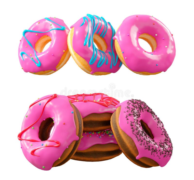 Donuts with Pink Fruit Glaze, Sprinkles, White Drizzle, and Dots ...