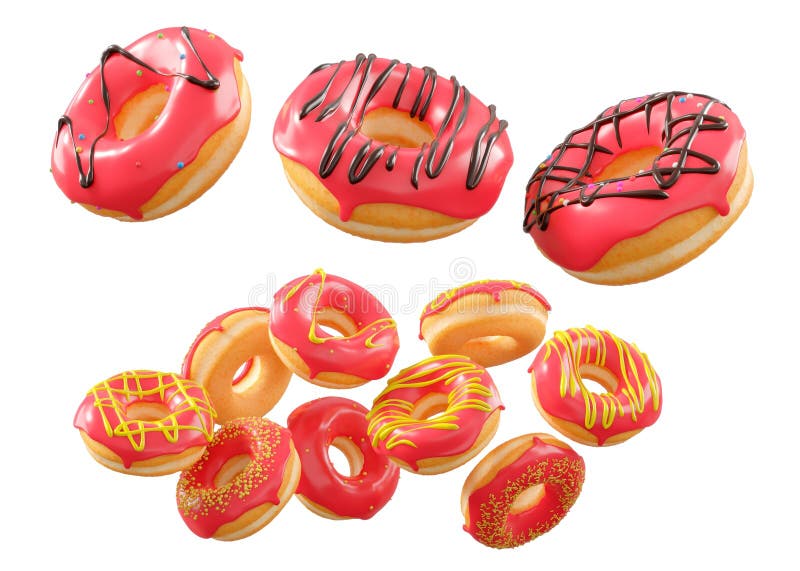 Donuts with Red Fruit Glaze, Sprinkles, White Drizzle, and Dots ...