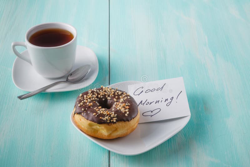 Donuts on Saucer with Note Good Morning Stock Photo - Image of culinary ...