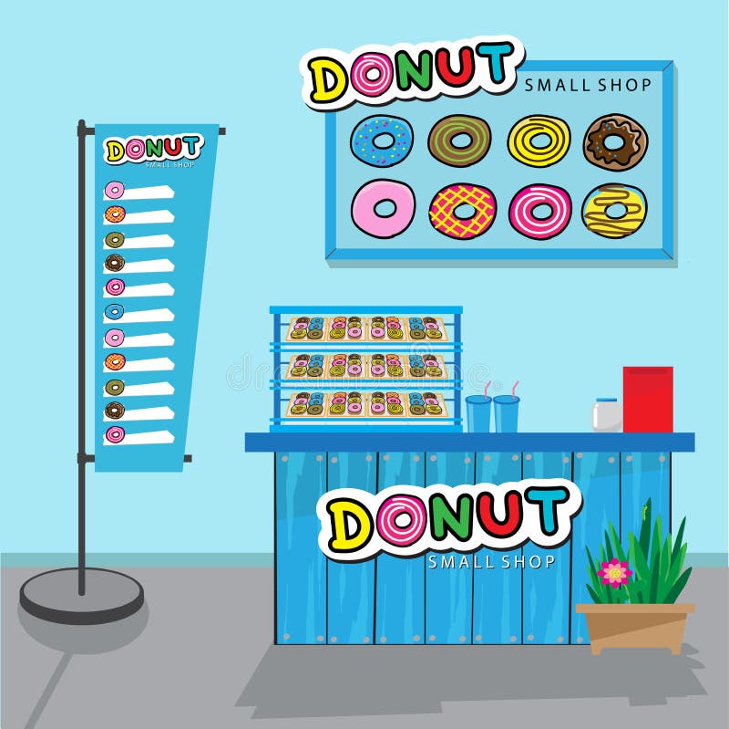 Donuts Shop And Cafe With Signboard And Two Tables, Umbrella. Outline ...