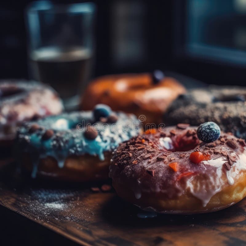 Donuts on Stone in Rustic Pub. Generative AI Stock Illustration ...