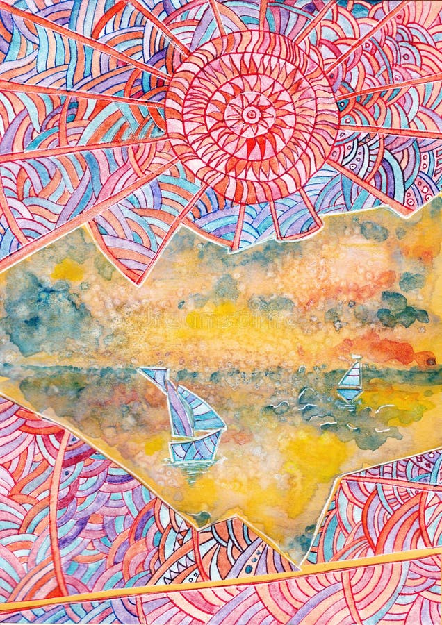 Doodle Acuarela Marino Con Botes De Sol Y Arena Stock de ilustración ...