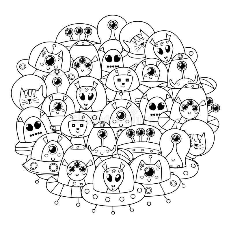 Doodle Aliens Circle Shape Pattern. Space Black and White Print for ...
