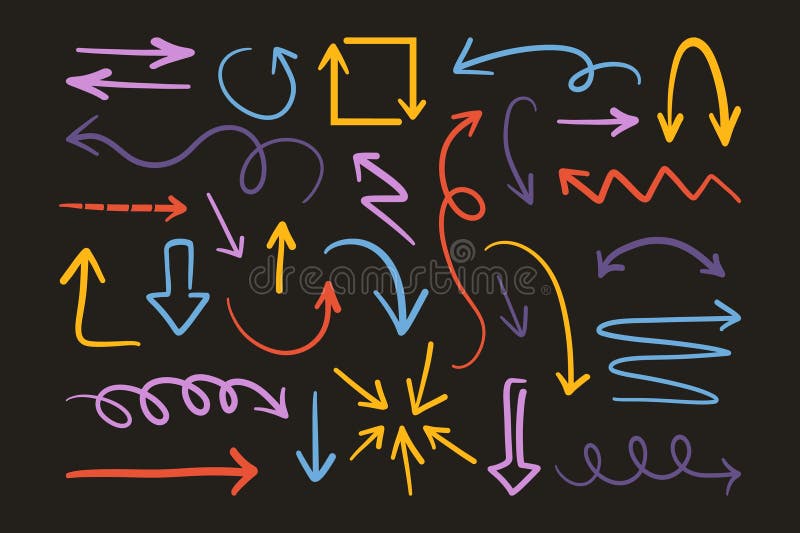Doodle Arrows. Childish Arrow Collection, Colorful Hand Drawn Scribble ...