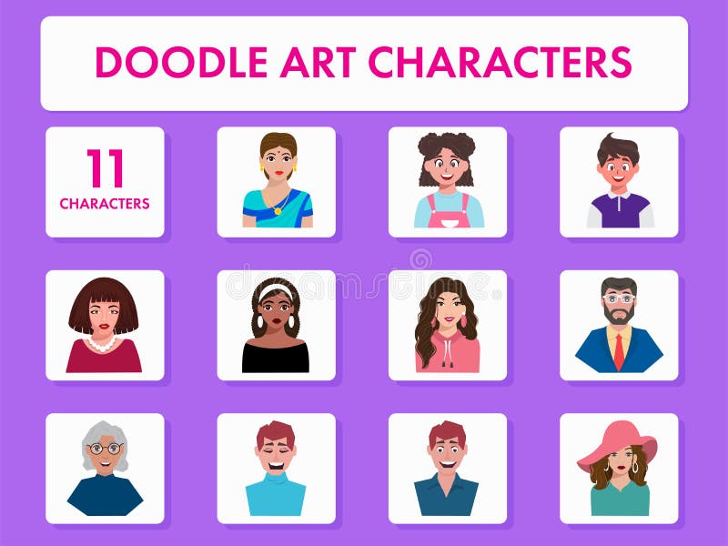 Doodle Art Characters Set on Purple and White Stock Illustration ...