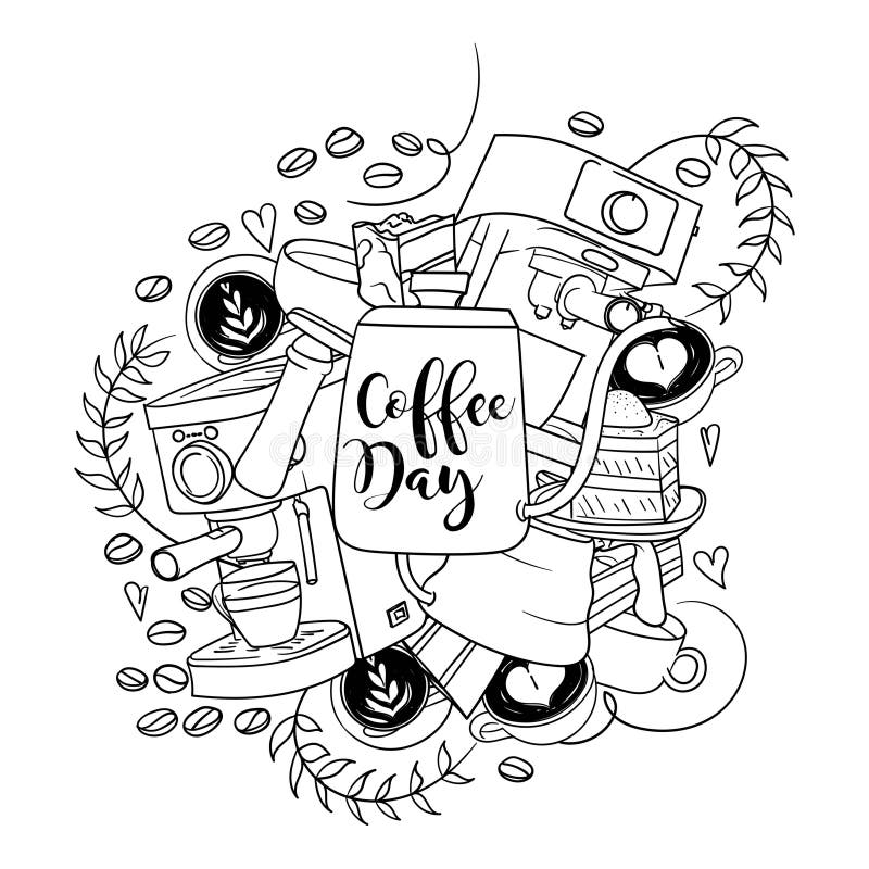 Doodle Art of Coffee with Coffee Pot and Coffee Maker Tools in Hand ...