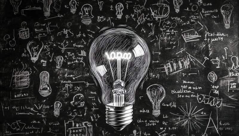 Doodle Art Light Bulb in Black and White on Chalkboard Background: Illustrating the Creative ...