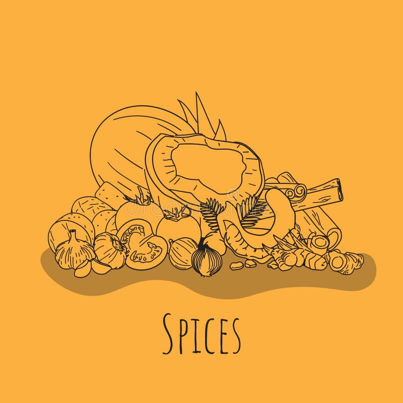 Doodle Art of Spices in Line Art Design for Restaurant Background Stock ...