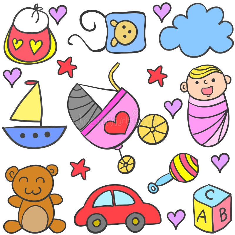 Doodle of Baby Set Design Style Stock Vector - Illustration of rattle ...