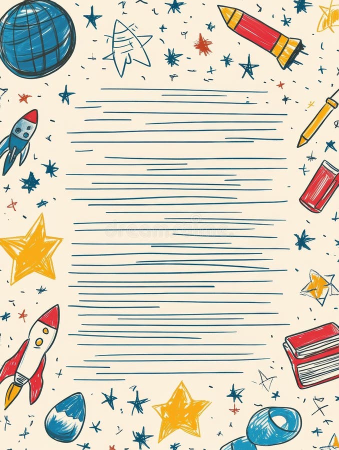 Doodle Border Notebook Sheet with Stars, Rockets, and Books for Notes ...