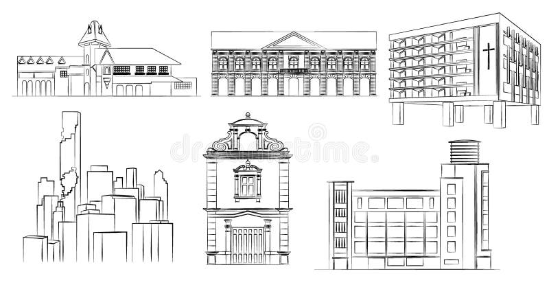 Doodle Building Cartoon in Line Art Style Stock Vector - Illustration ...