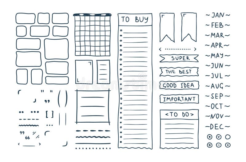 Doodle Bullet Journal, Textbox, Simple Set. Hand Drawn Elements, Lists ...
