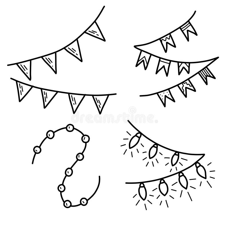 Doodle Carnival Garland with Flags and Light Bulbs Stock Vector ...