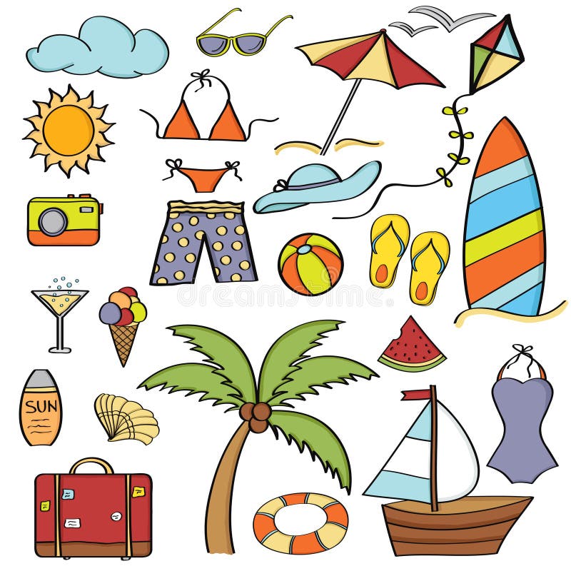 Doodle Cartoon Items Summer Holiday Collection Stock Vector ...