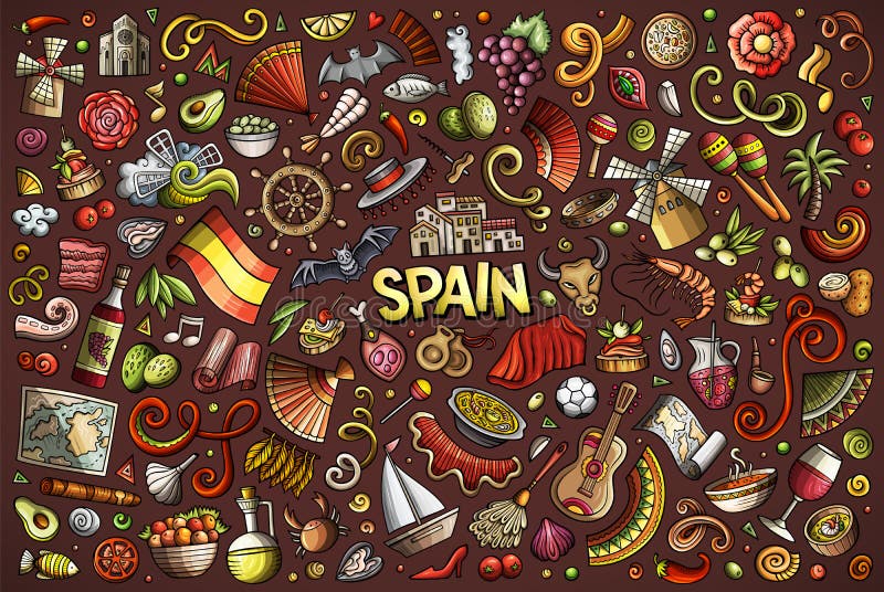 Doodle Cartoon Set of Spain Objects and Symbols Stock Vector ...