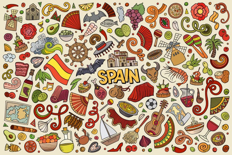 Doodle Cartoon Set of Spain Objects and Symbols Stock Illustration ...