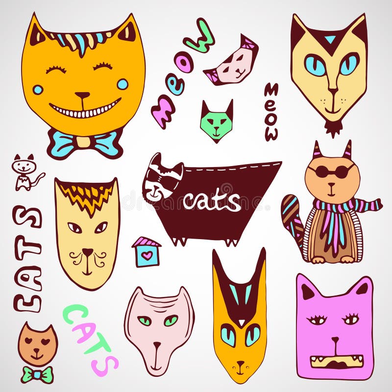 Doodle Cats Collection. Hand Drawn Coloring Page. Vector Art. Stock ...