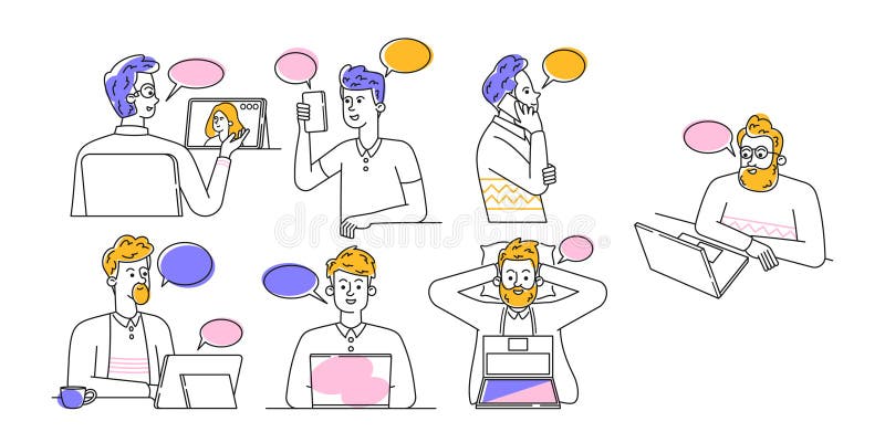 Doodle Characters Engaging in Virtual Communication and Gadget ...