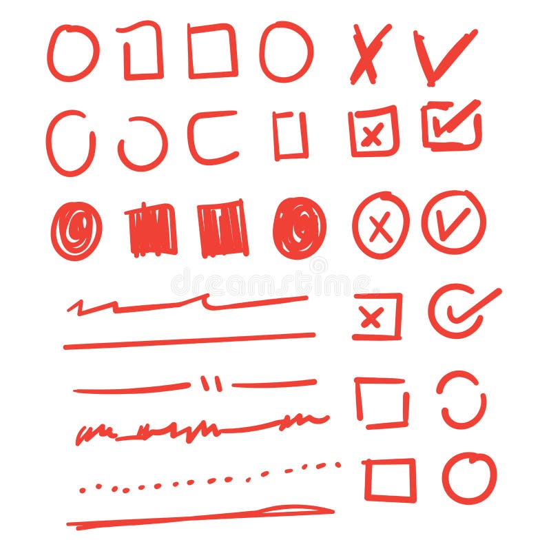 Doodle Check Marks and Underlines. Hand Drawn Red Strokes and Pen ...