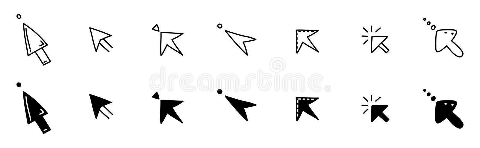 Doodle Click Icon. Hand Drawn Mouse Cursor or Arrow. Computer Pointer in Sketch Style. Black ...
