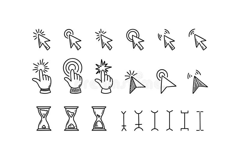 Doodle Click Icon Set. Hand Drawn Mouse Typing Cursor. Press Here Tap ...