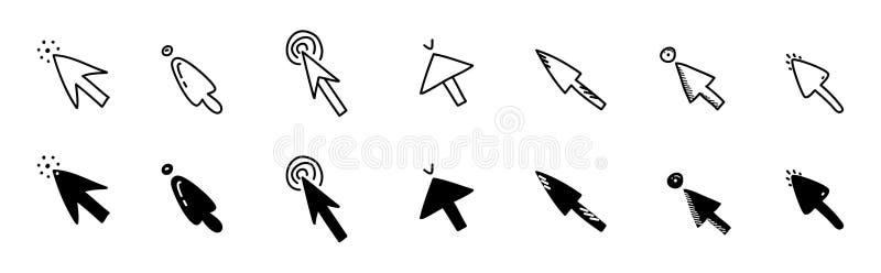 Doodle Click Icon Set. Hand Drawn Mouse Cursor Button. Digital Arrow ...