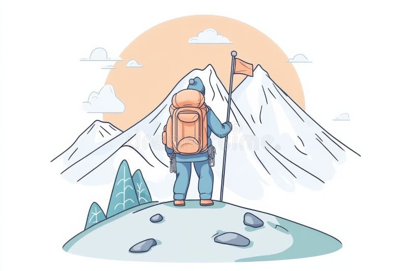 Doodle of a Climber Reaching the Summit of a Mountain with a Flag ...