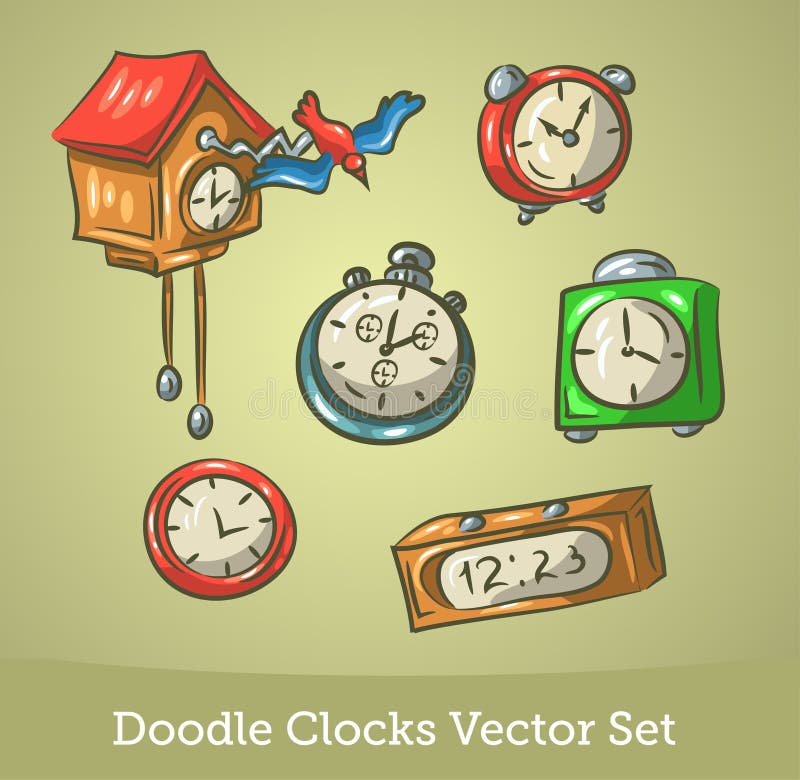 Doodle Clock Set Isolated on Green Background. Vector Stock Vector ...