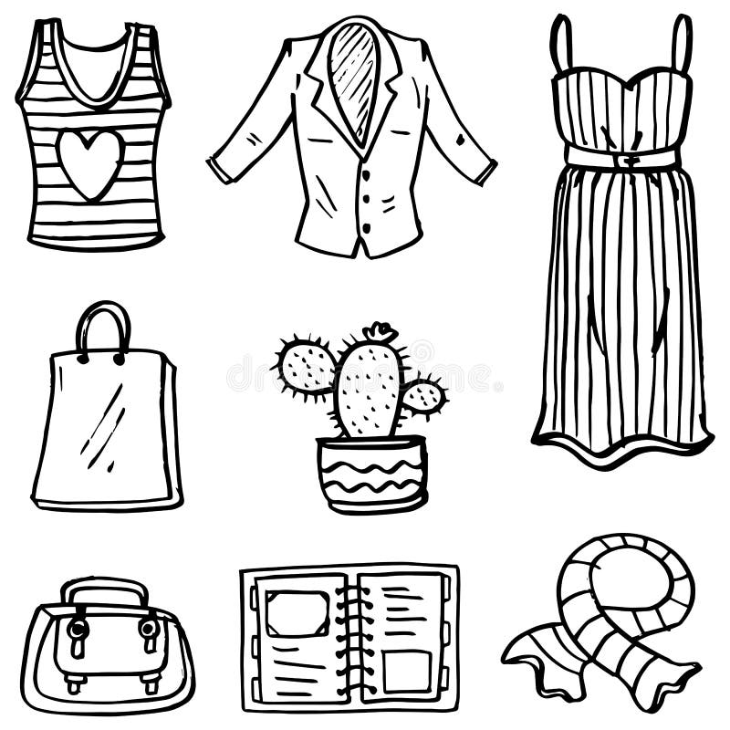 Doodle of Clothes Bag and Accessories Women Stock Vector - Illustration ...