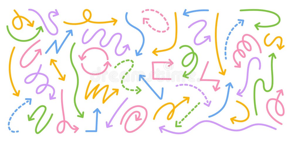 Doodle Colorful Line Arrows. Hand Drawn Linear and Dashed Arrow ...