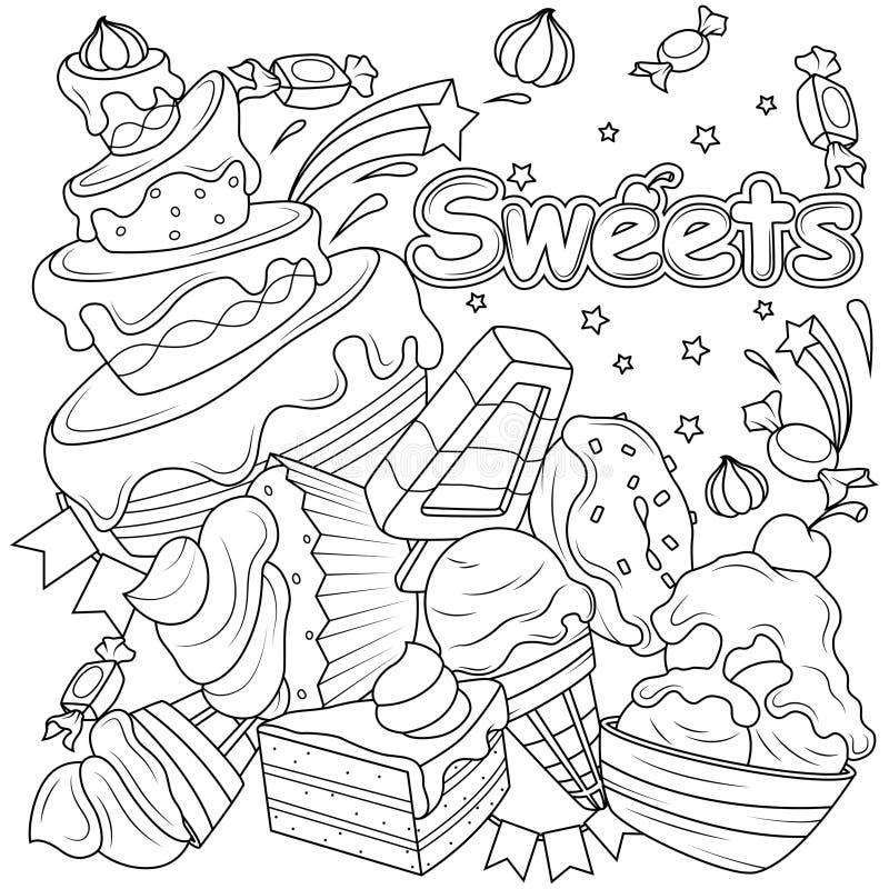 Doodle Coloring of Different Types of Sweets. Stock Vector ...