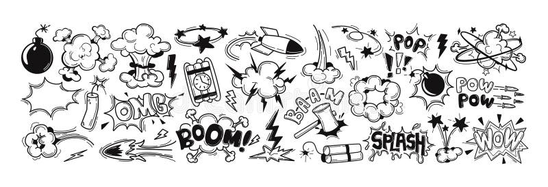Doodle Comic Bombs and Explosions, Text Sound Effects with Speech ...